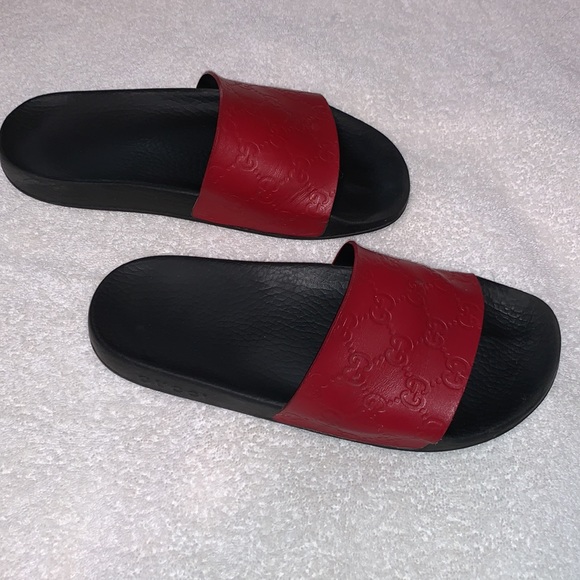 Gucci | Shoes | Gucci Red Rubber Gg Monogram Signature Pool Slide ...